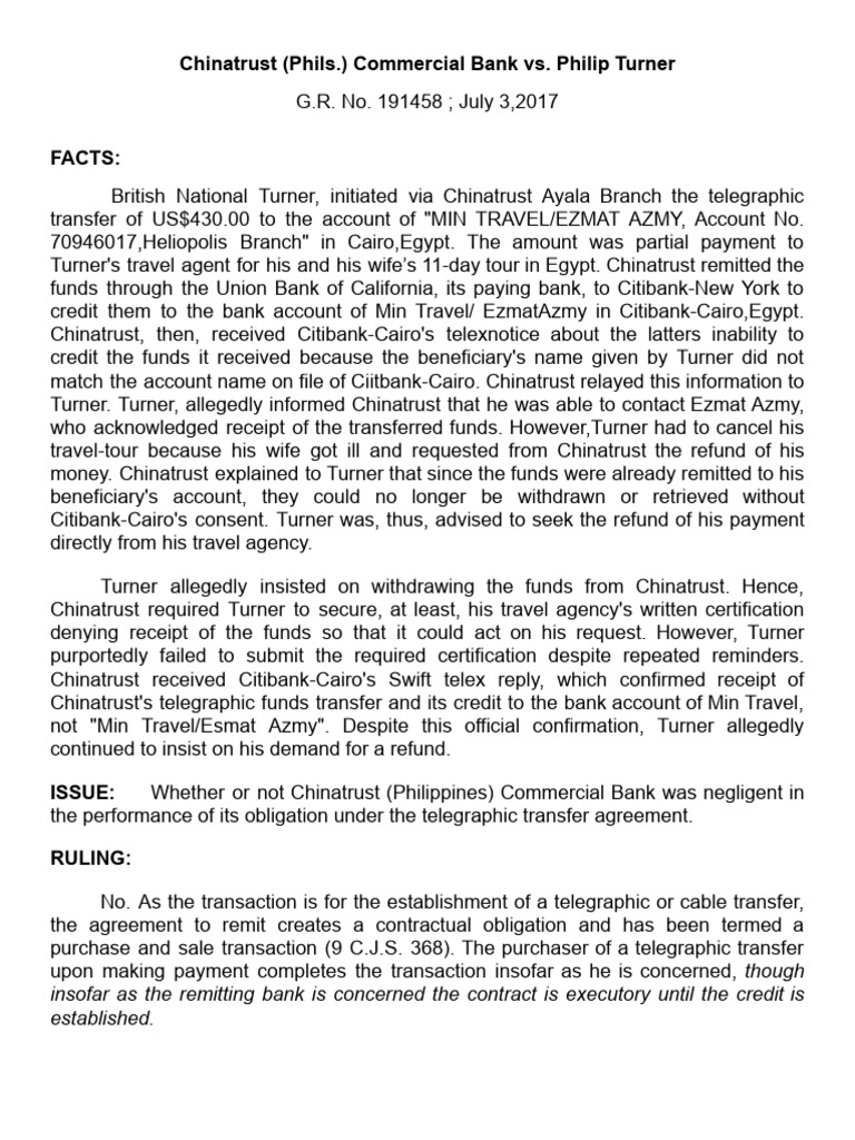 Chinatrust Bank vs. Turner: Refund Dispute | PDF | Payments | Banks