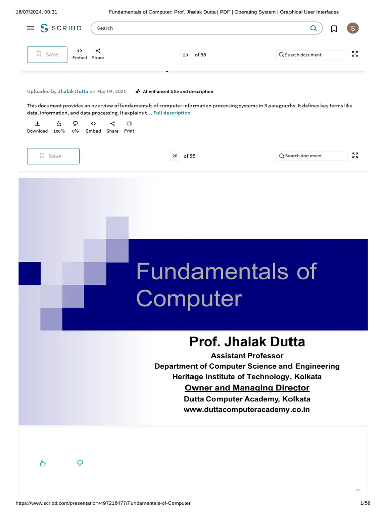 Fundamentals of Computer - Prof. Jhalak Dutta - PDF - Operating System - Graphical User ...