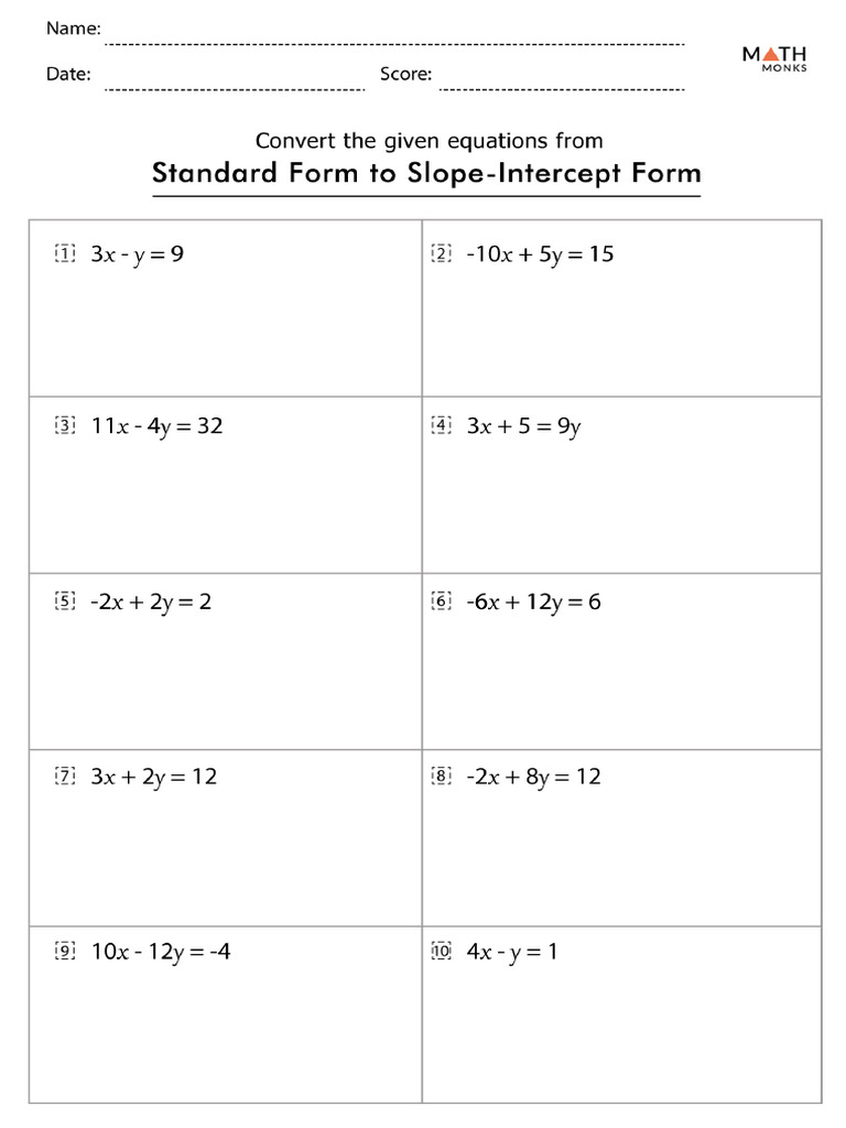 Standard Form To Slope Intercept Form Worksheet | PDF