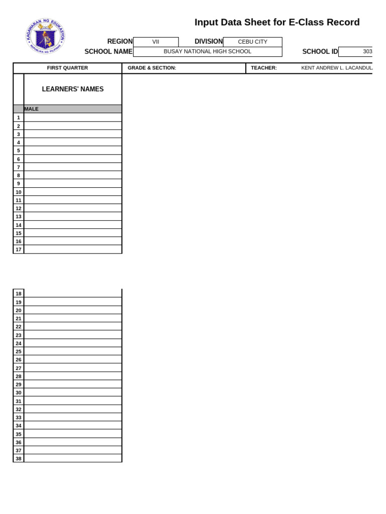 E-Class Record Input Data Sheet | PDF | Philippines