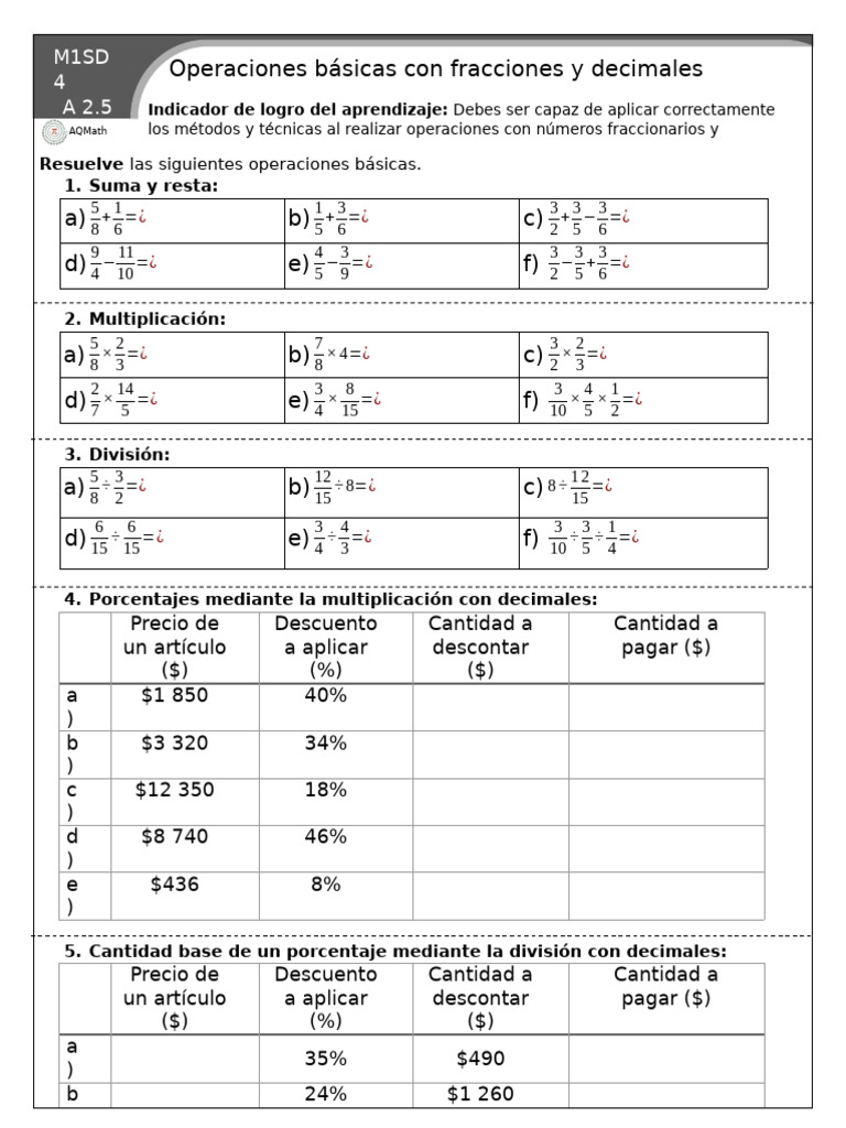 M1A2.5_operaciones Básicas Con Fracciones y Decimales | PDF ...
