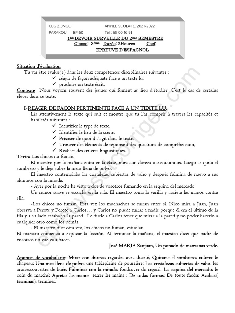 1er Devoir Du 3ème Trimestre Espagnol 4ème Pdf