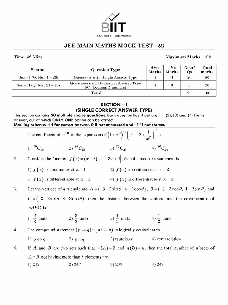 Jee Main Mock Test - 52 | PDF