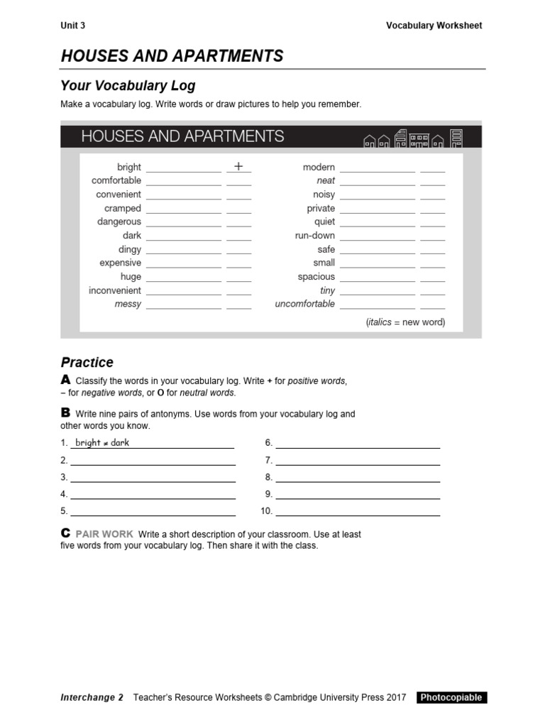 Vocabulary Worksheet: Houses & Apartments | PDF