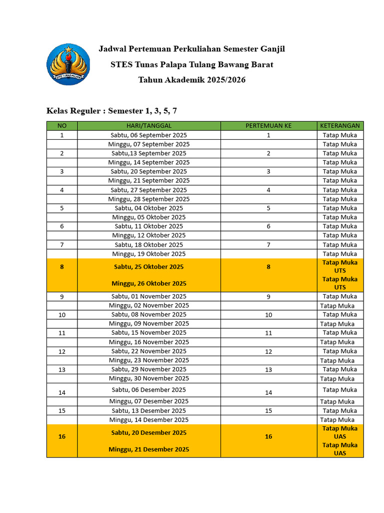 Jadwal Pertemuan Perkuliahan Semester Ganjil PIAUD 2025.2026 | PDF