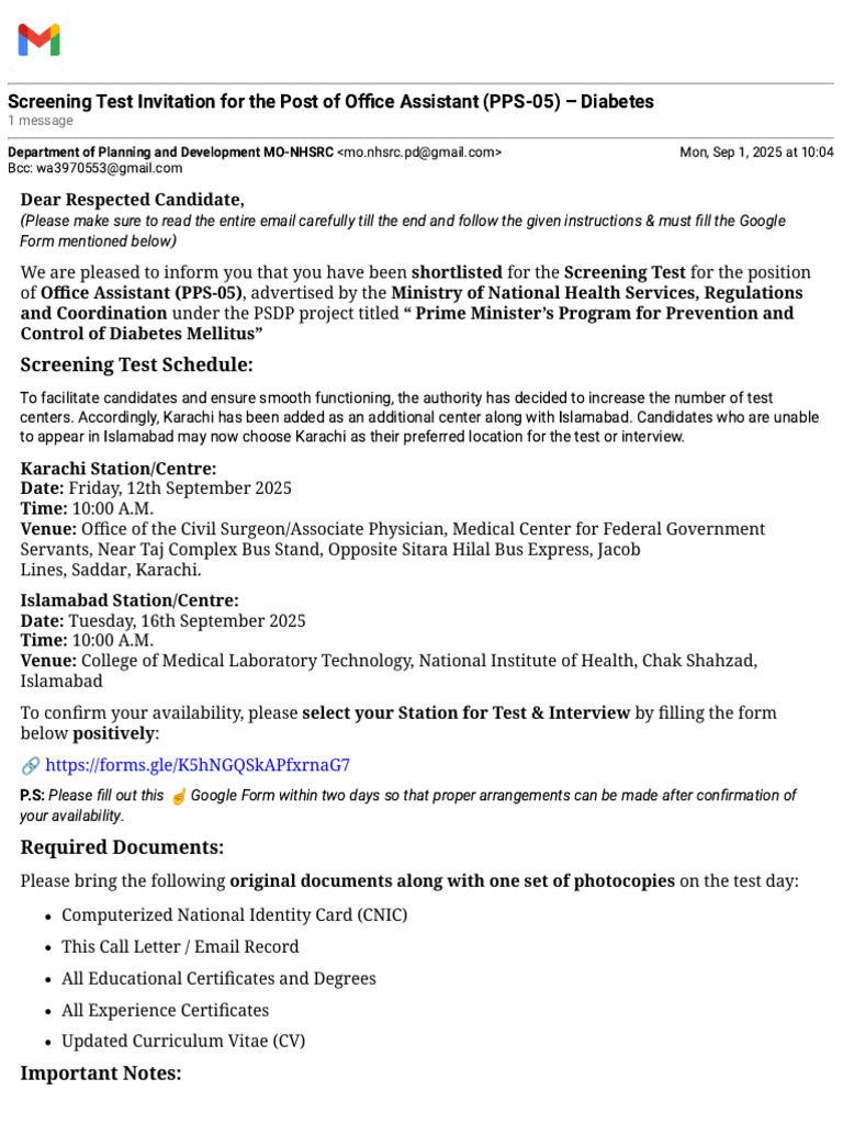 Gmail - Screening Test Invitation For The Post of Office Assistant (PPS ...