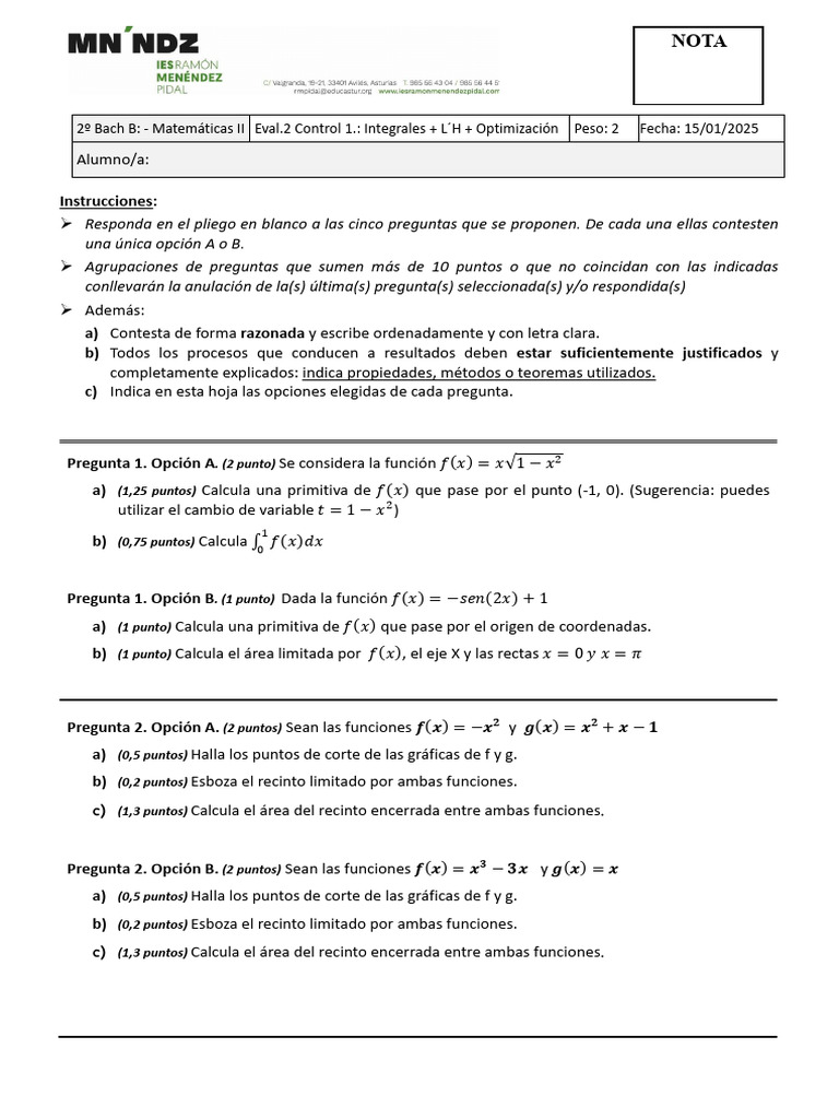 Eval2 Control2 (Integrales+Probabilidad) | PDF | Integral | Probabilidad