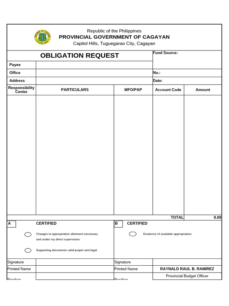 Cagayan Province Obligation Request Form | PDF