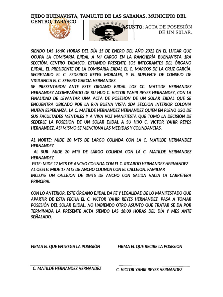 Acta de Posesión Solar Ejidal Tabasco | PDF