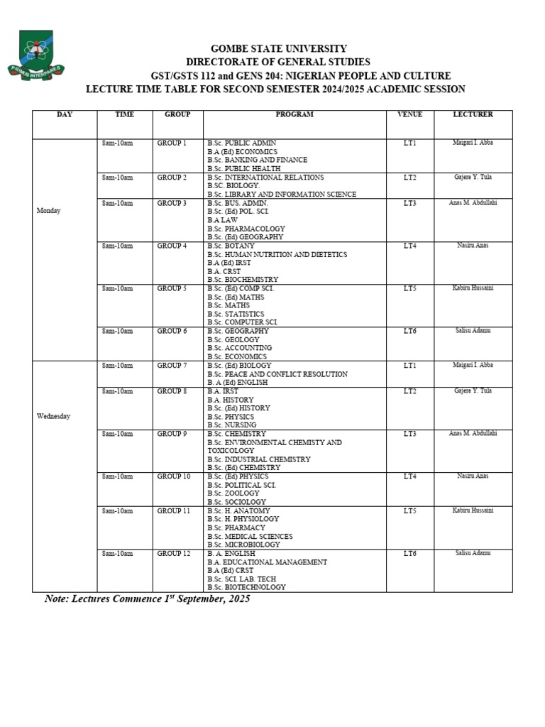 Final Draft All GSTS Lecture Time Table 2024-2025 - 1 | PDF | Biology
