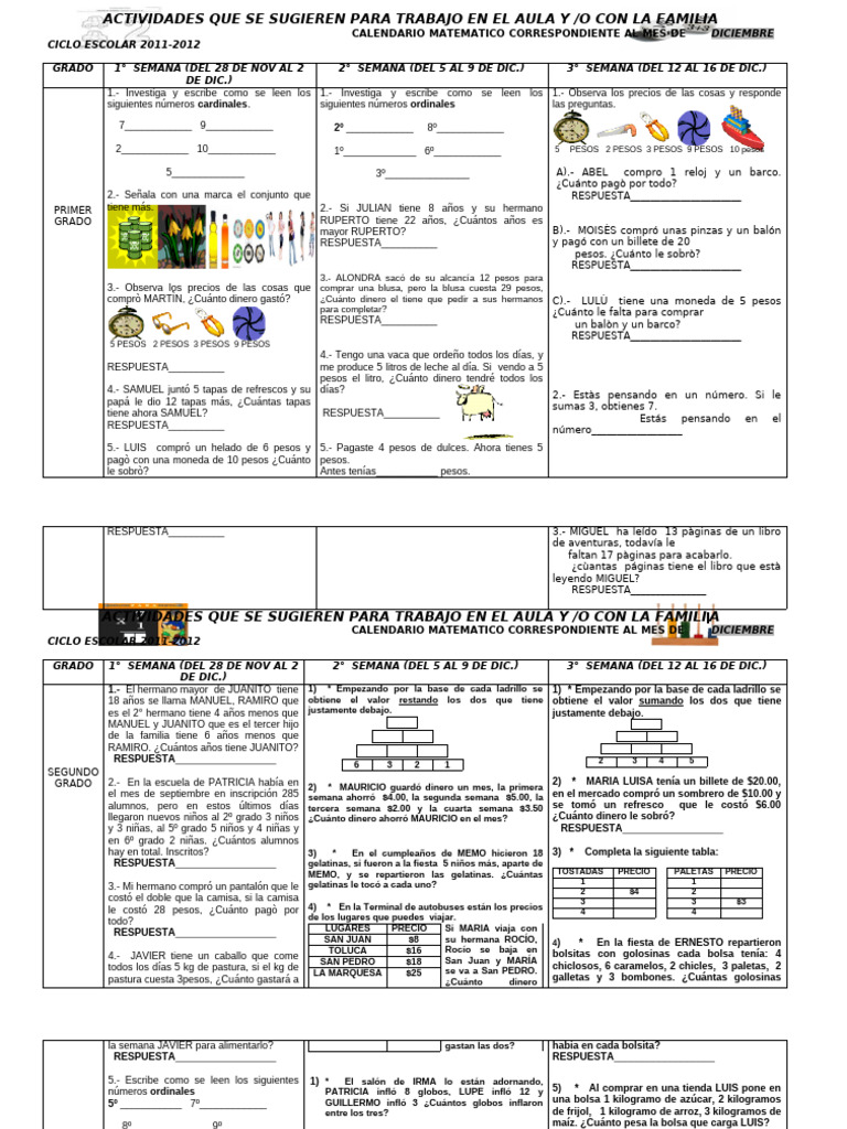 Actividades Matemáticas para Diciembre | PDF