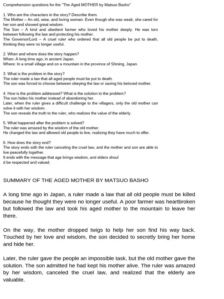 Comprehension Questions: The Aged Mother | PDF