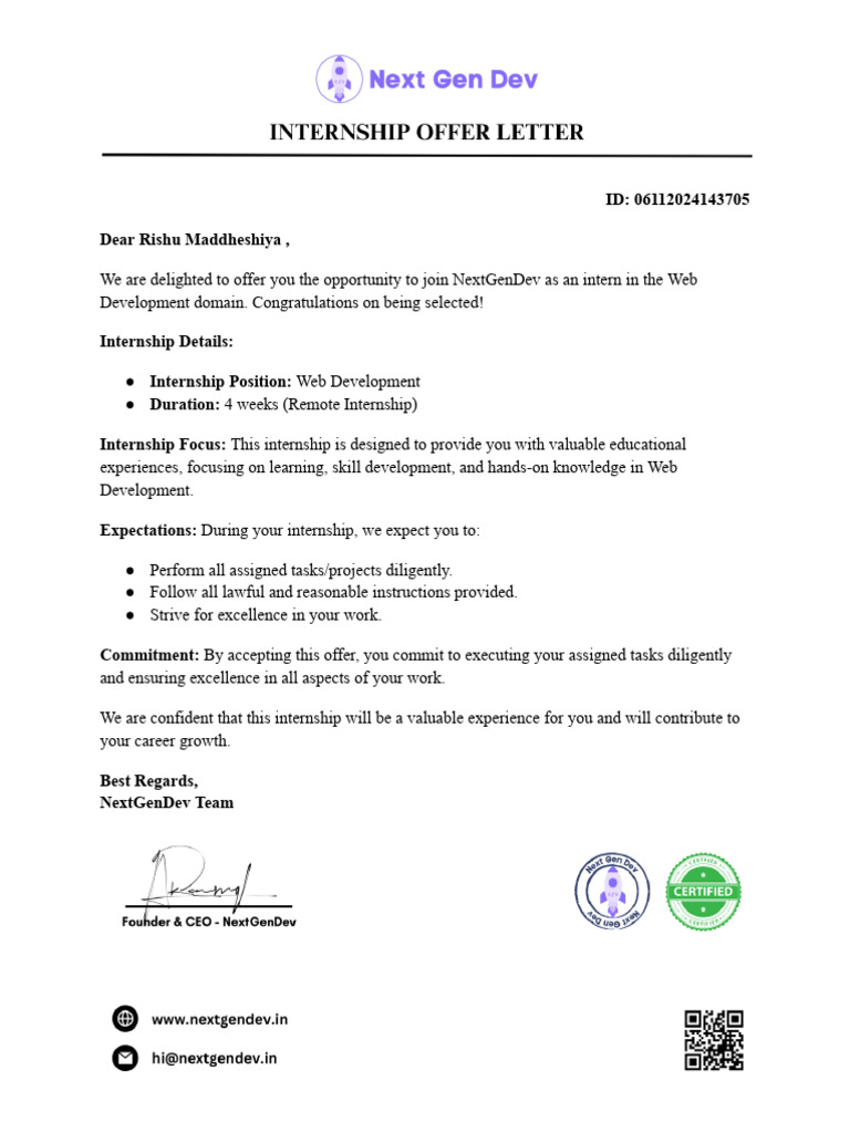 NextGenDev Web Development Internship Offer | PDF