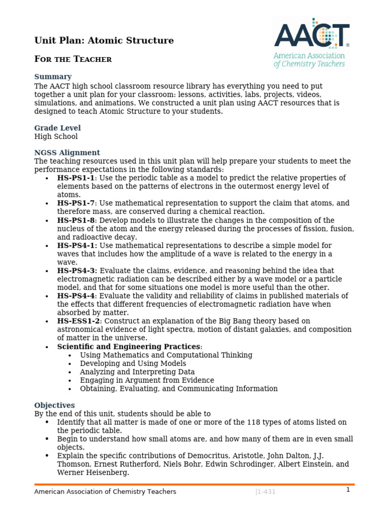 Unit Plan Atomic Structure | PDF | Atoms | Isotope