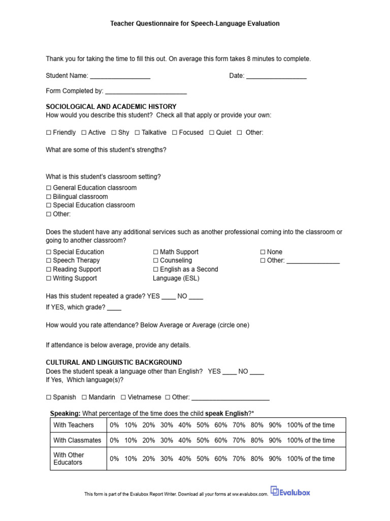 Teacher Speech-Language Questionnaire | PDF | Stuttering | Communication