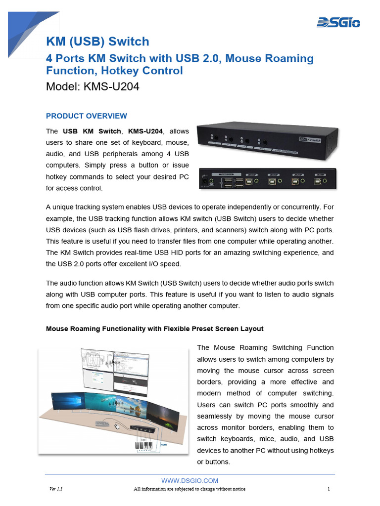 KMS-U204, KM Switch Datasheet Rev1.1 | PDF | Usb | Computer Keyboard