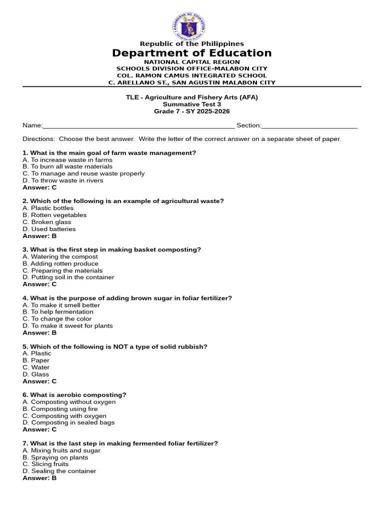 Grade 7 Agricultural Waste Management Test | PDF | Compost | Waste