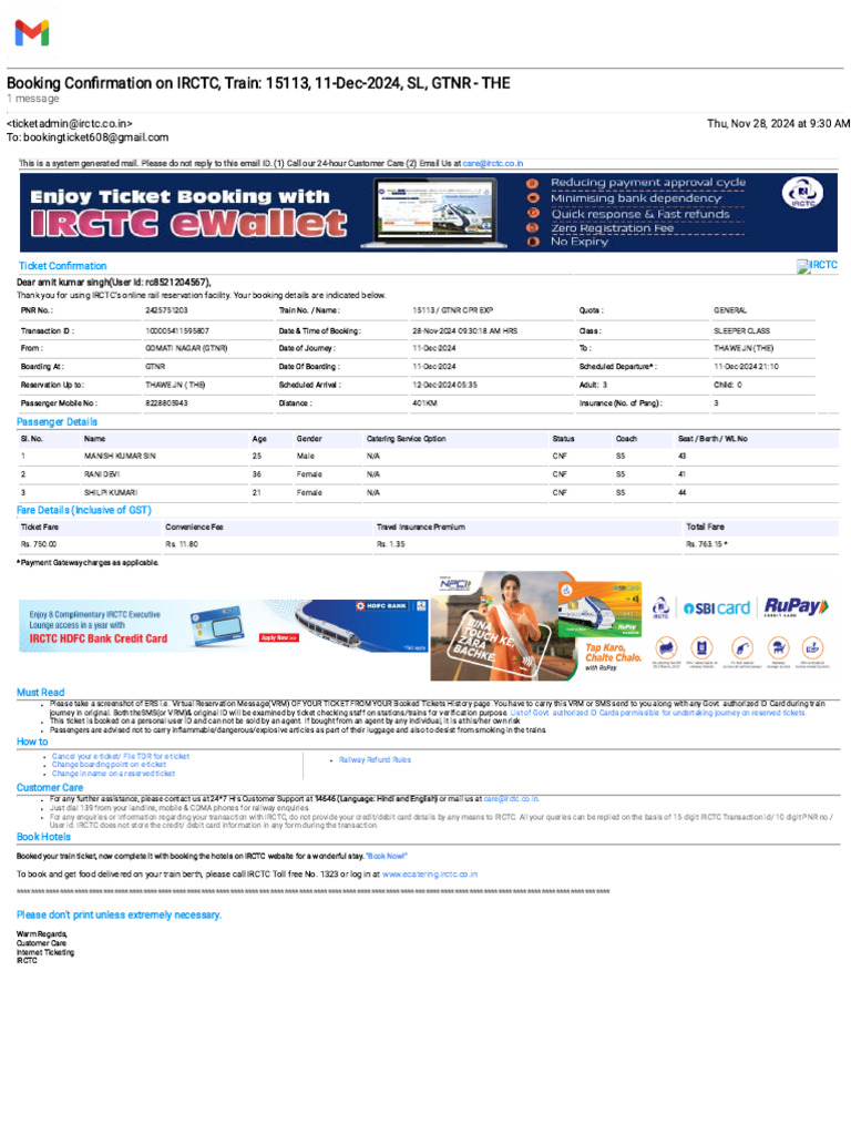 Gmail - Booking Confirmation On IRCTC, Train - 15113, 11-Dec-2024, SL ...