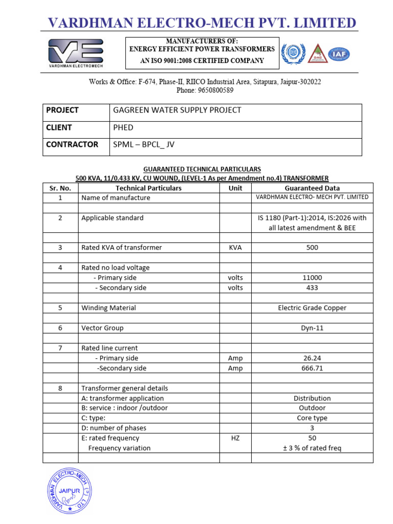 500 Kva 11-0.433 KV WL GTP and Drawings | PDF | Transformer | Physical ...