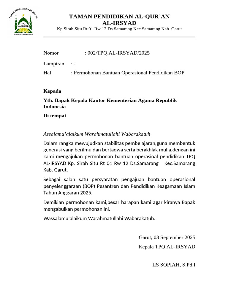 Surat Permohonan Bantuan Bop TPQ | PDF