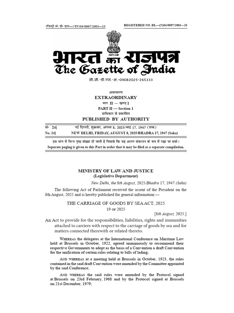 Carriage of Goods by Sea Act 2025 | PDF | Bill Of Lading | Common Law