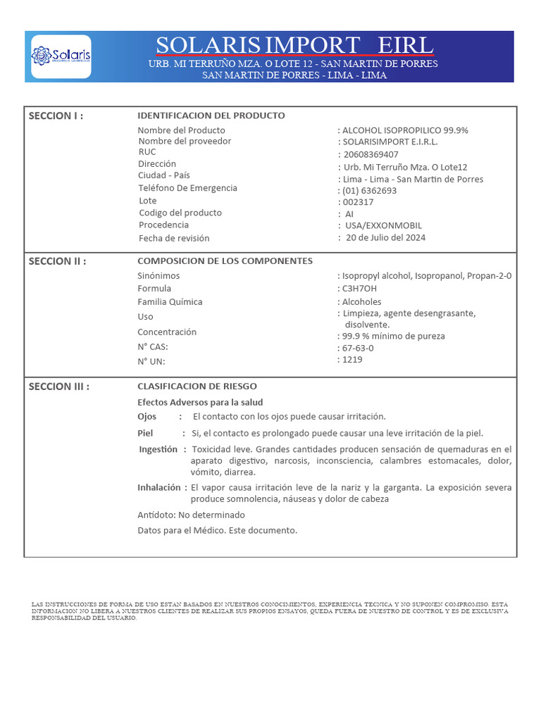Alcohol Isopropílico 99.9% - Ficha Técnica | PDF | Agua | Incendios