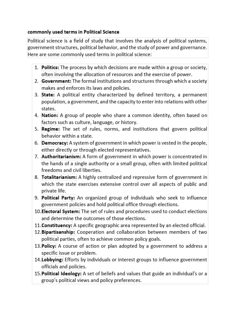 Commonly Used Terms in Political Science | PDF | Bill (Law) | Member Of ...