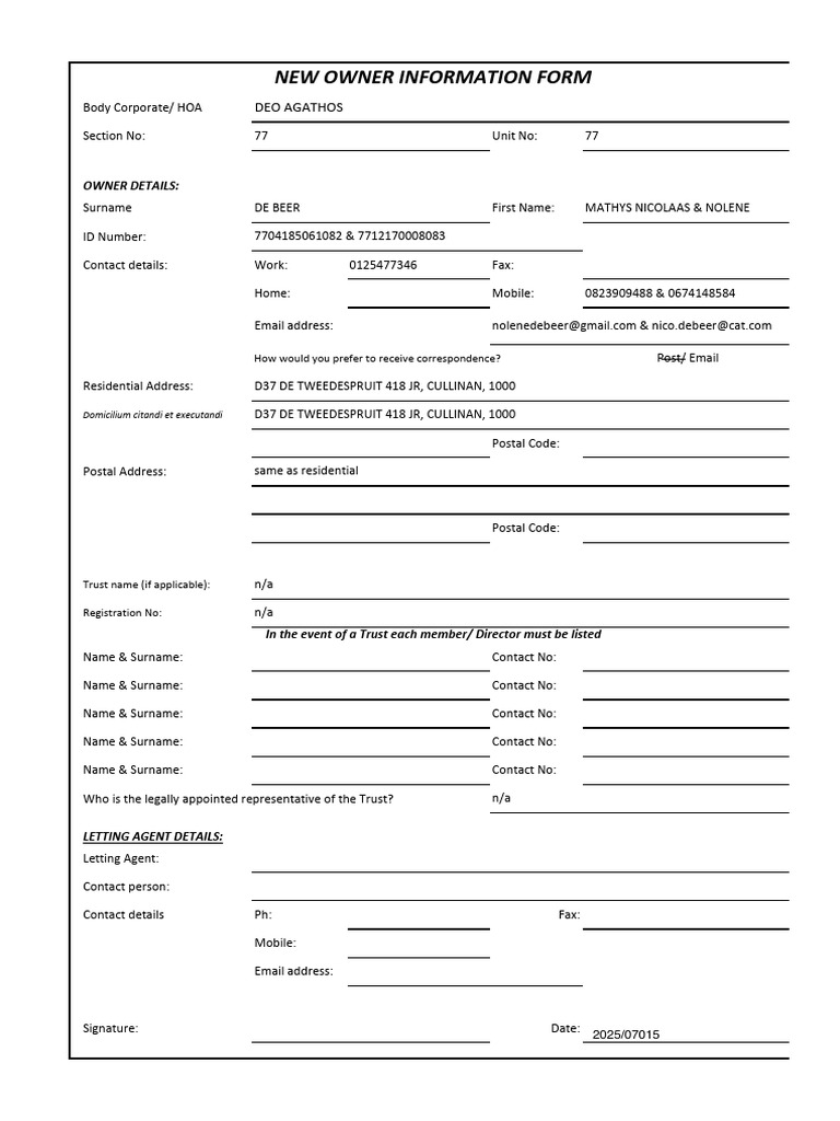 New Owner Information Form for HOA | PDF