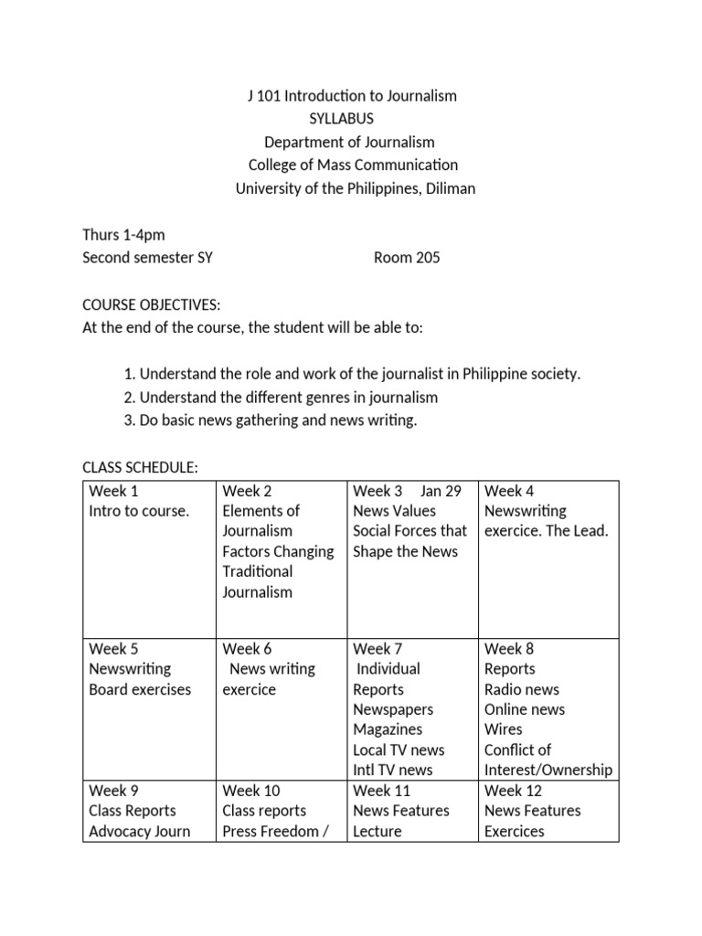 J 101 Introduction To Journalism Syllabus KHRYSTA | PDF | Journalism | News