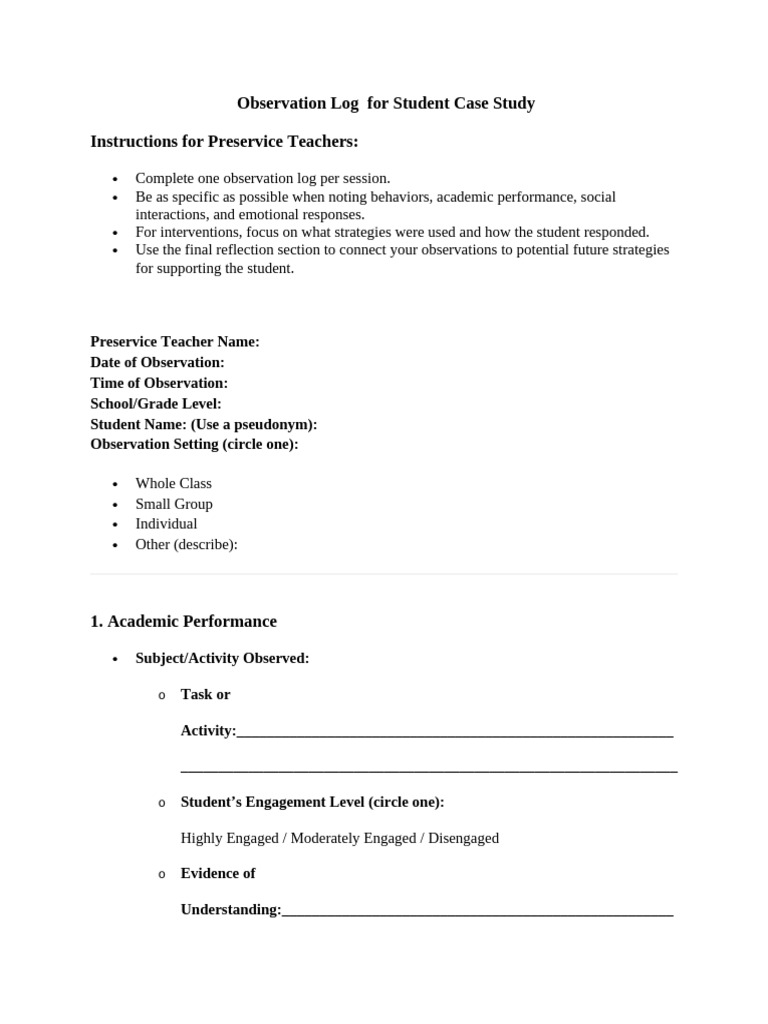 Observation Log Template For Student Case Study | PDF | Emotions | Teachers