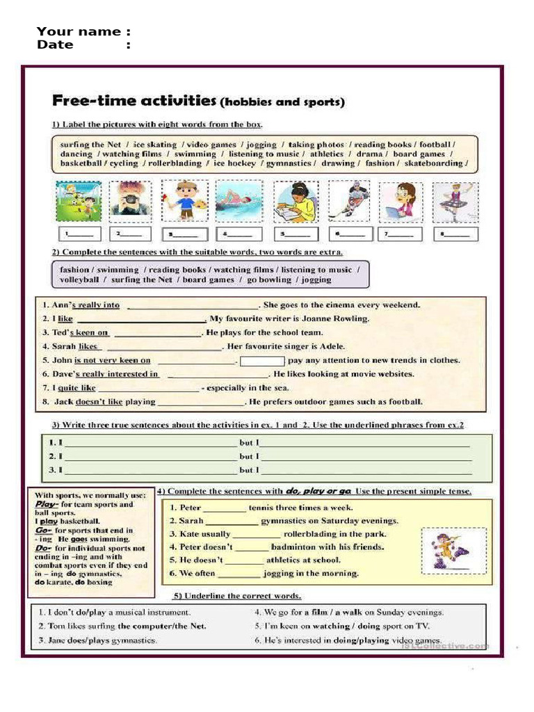 Free-Time Activities (Hobbies and Sports) Exercises | PDF