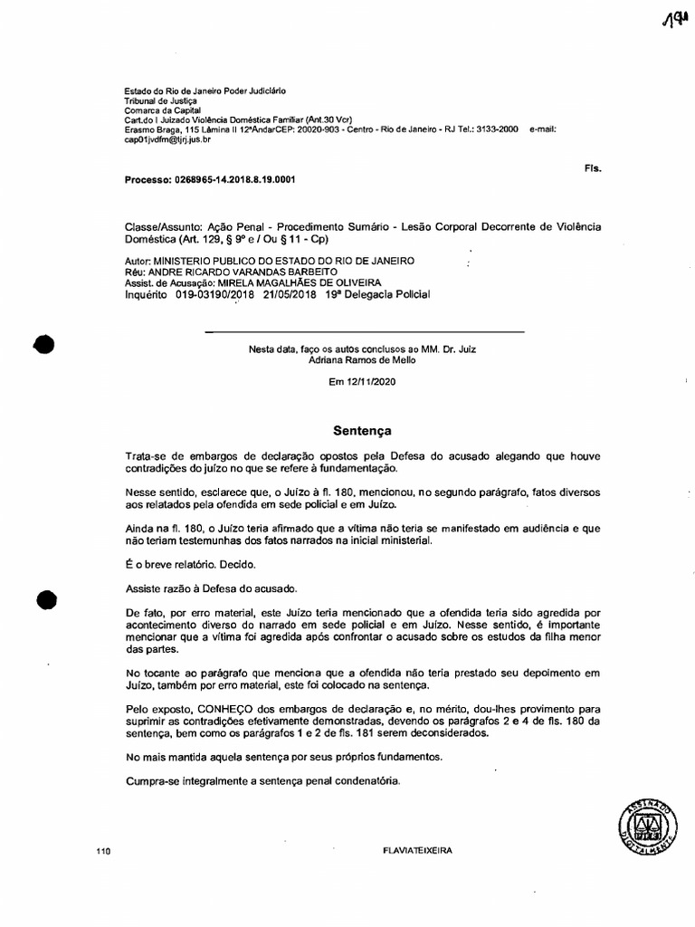 Ação Ex Delicto - R. Sentença ED | PDF | Sentença (jurídico) | Direito ...