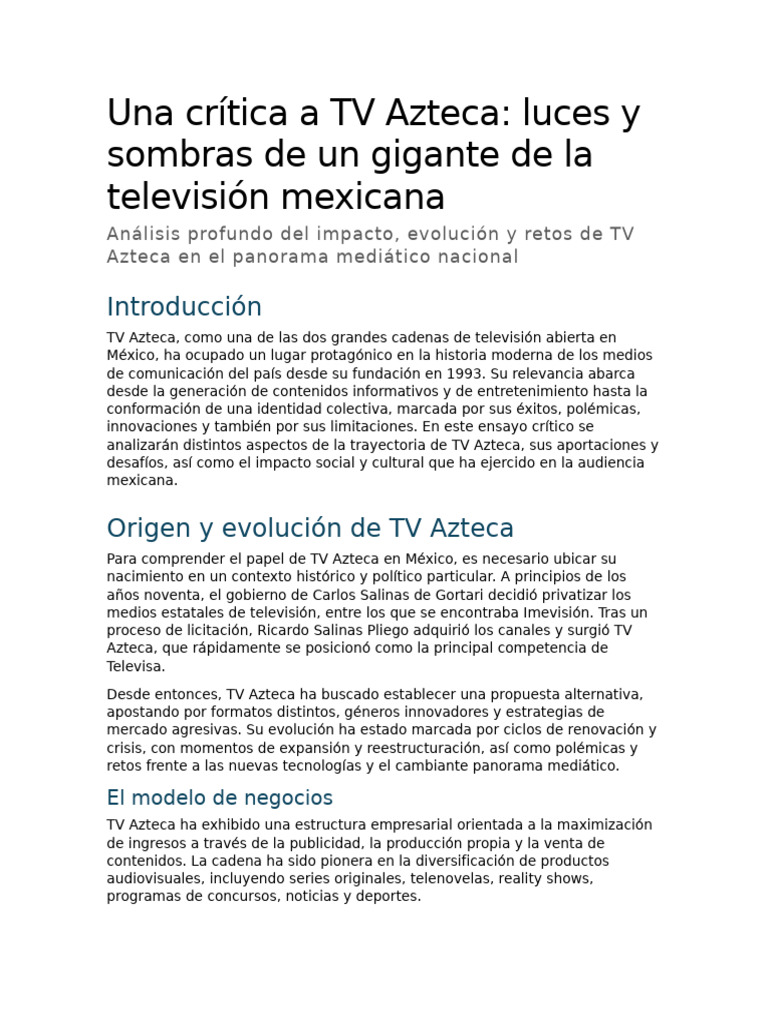 Crítica a TV Azteca: impacto y retos | PDF | Televisión | México