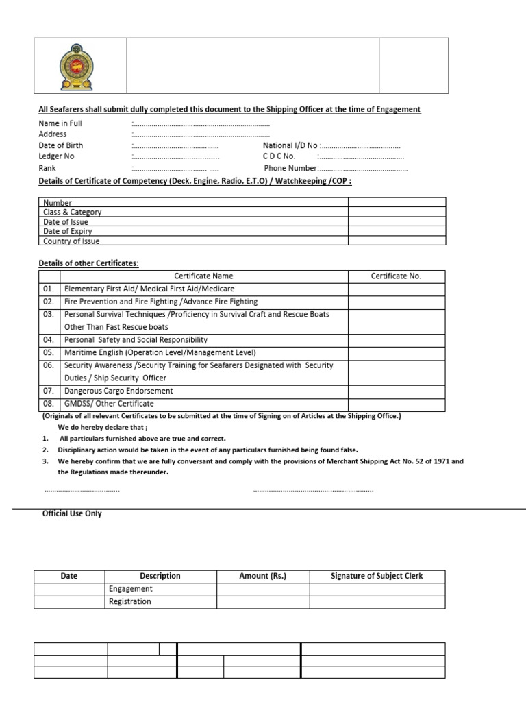 Seafarer Engagement Registration Form | PDF | Sailor | Water Transport