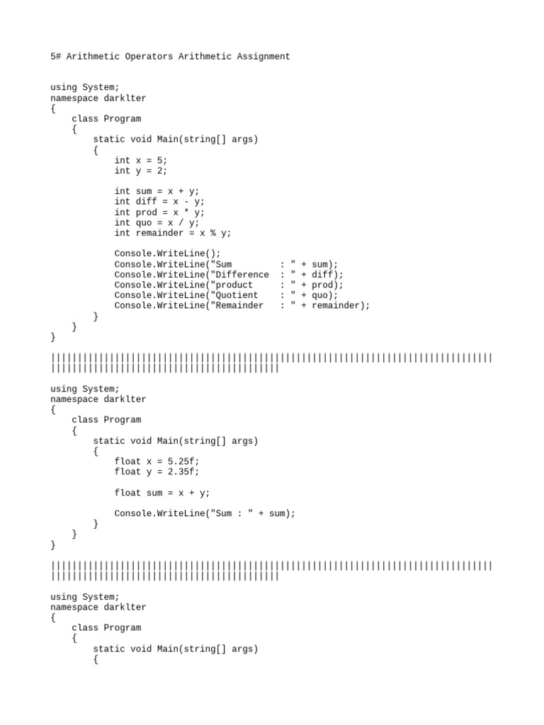 5# Arithmetic Operators Arithmetic Assignment | PDF | Namespace | Computer Programming