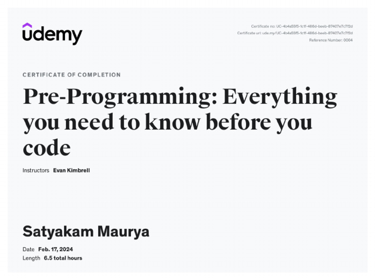 Pre-Programming Skills Udemy Certificate of Completion | PDF