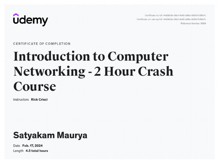 Udemy Computer Network Certificate of Completion | PDF