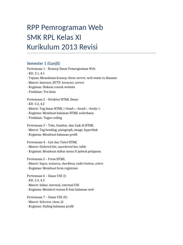 RPP Pemrograman Web Kelas XI SMK | PDF