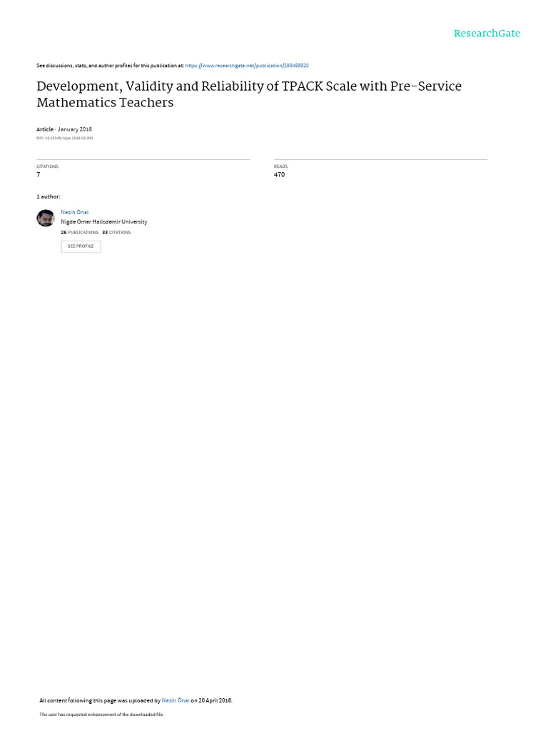 TPACK Scale Development for Math Teachers | PDF | Teachers | Pedagogy