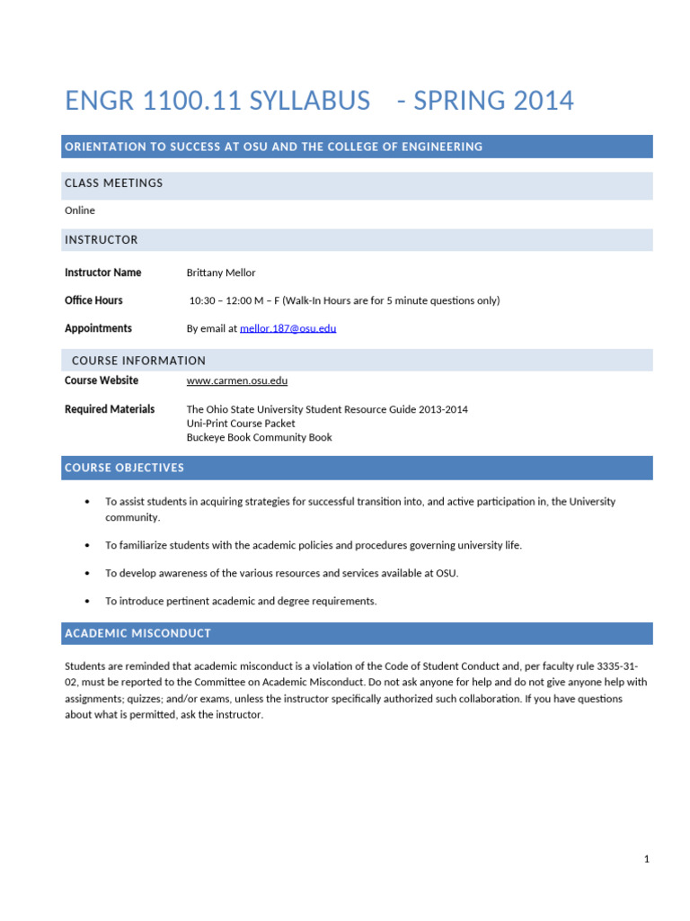 ENGR 1100 Course Syllabus Spring 2014 Online | PDF | Quiz