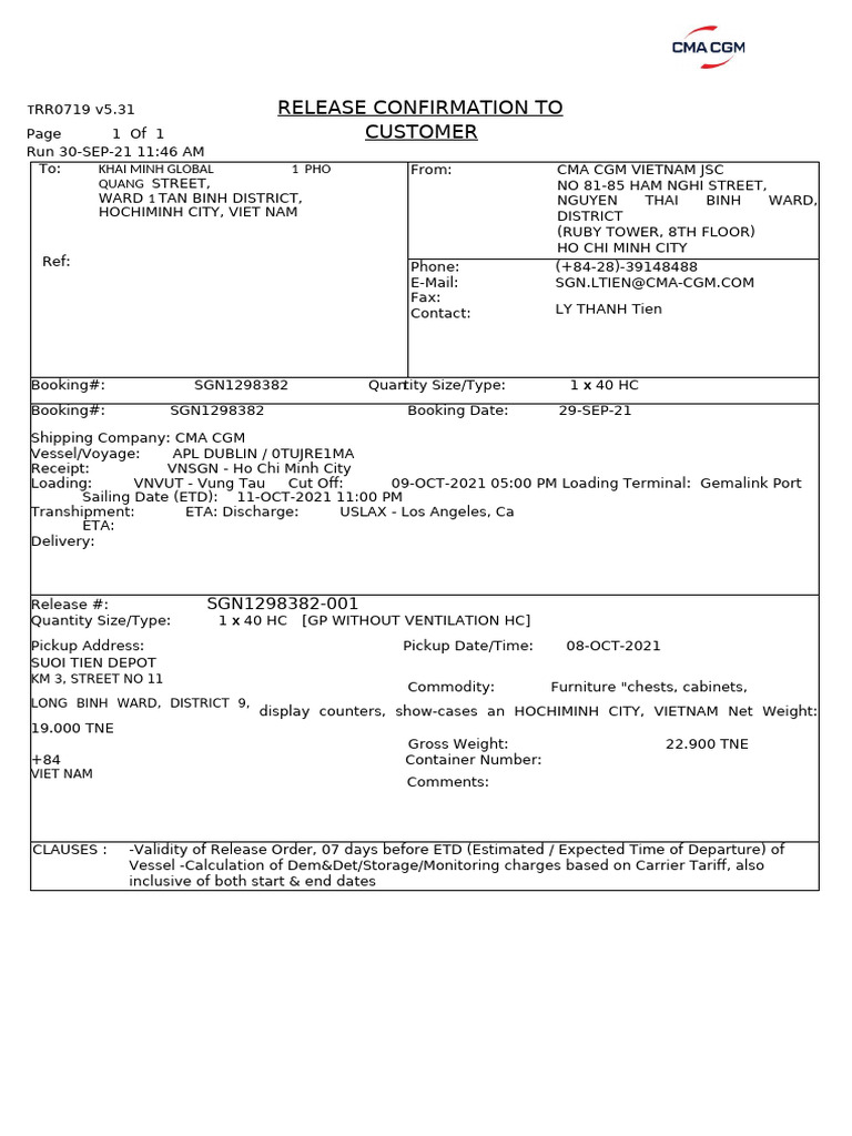 CMA CGM Release Confirmation SGN1298382 | PDF