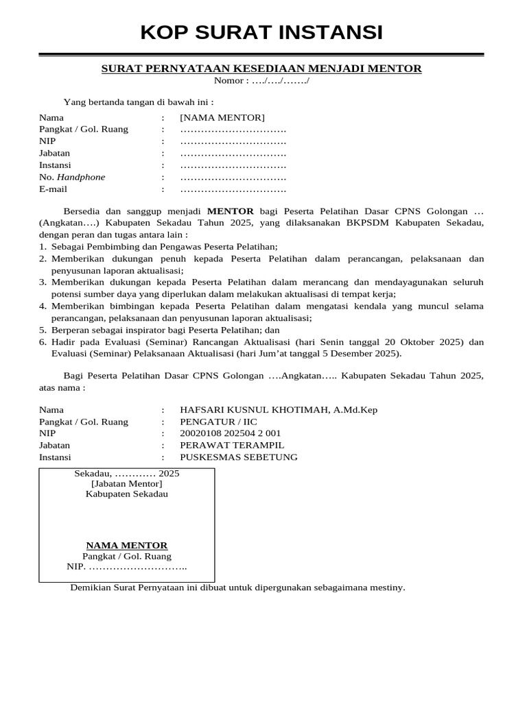 Surat Pernyataan Kesediaan Menjadi Mentor | PDF