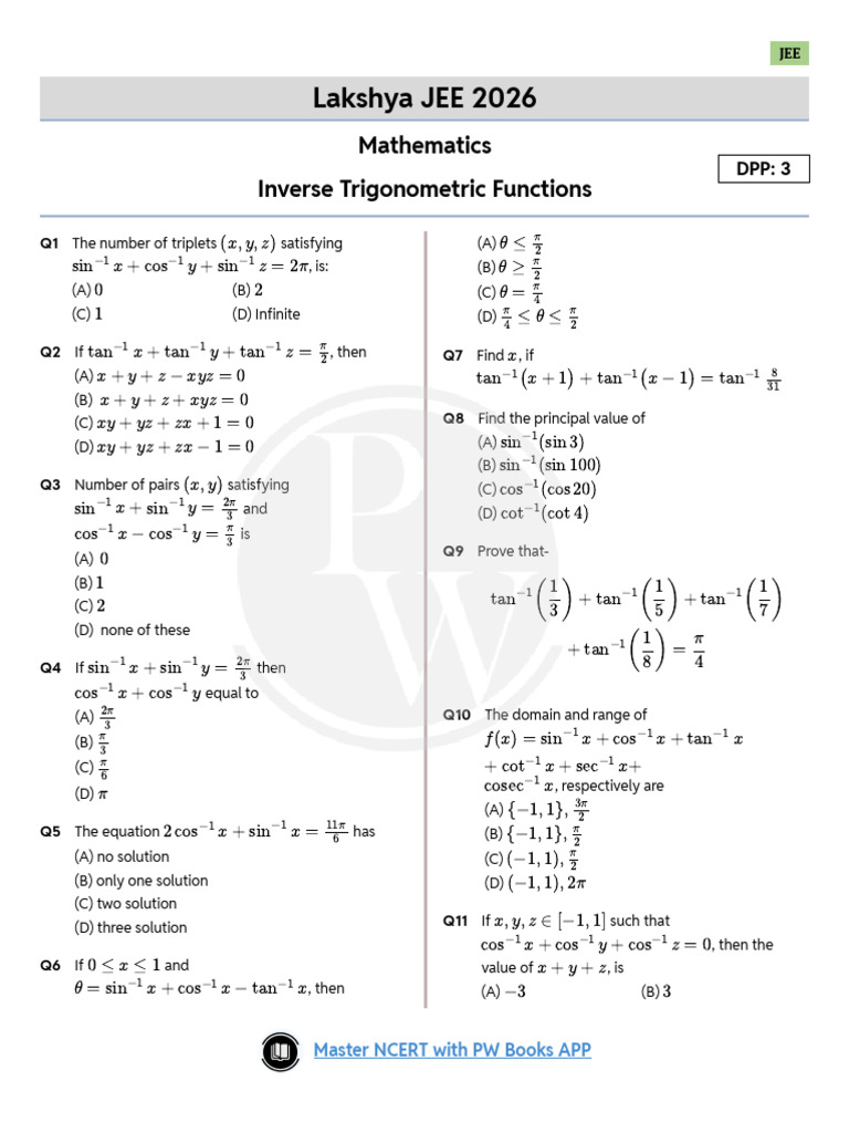 Inverse Trigonometric Functions DPP 03 (Of Lec 06) | PDF | Functions And Mappings | Geometric ...