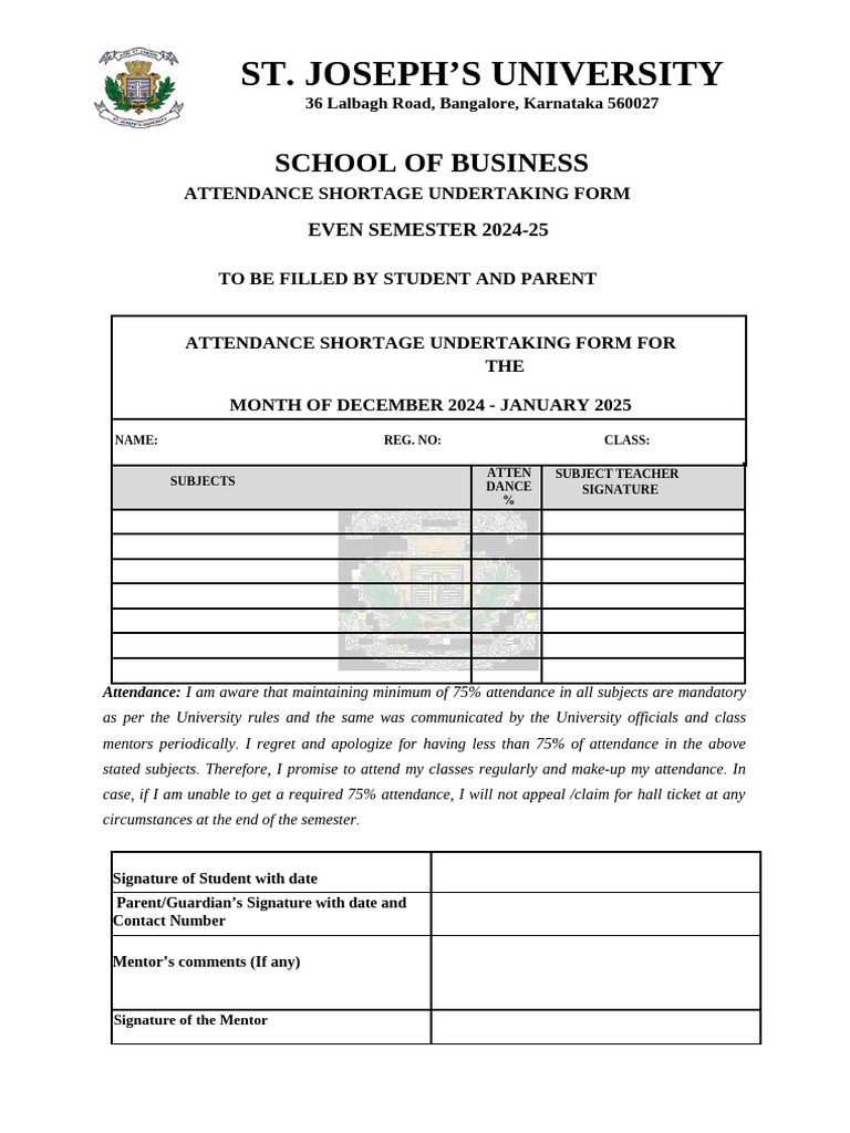 Attendance Shortage Undertaking Form | PDF