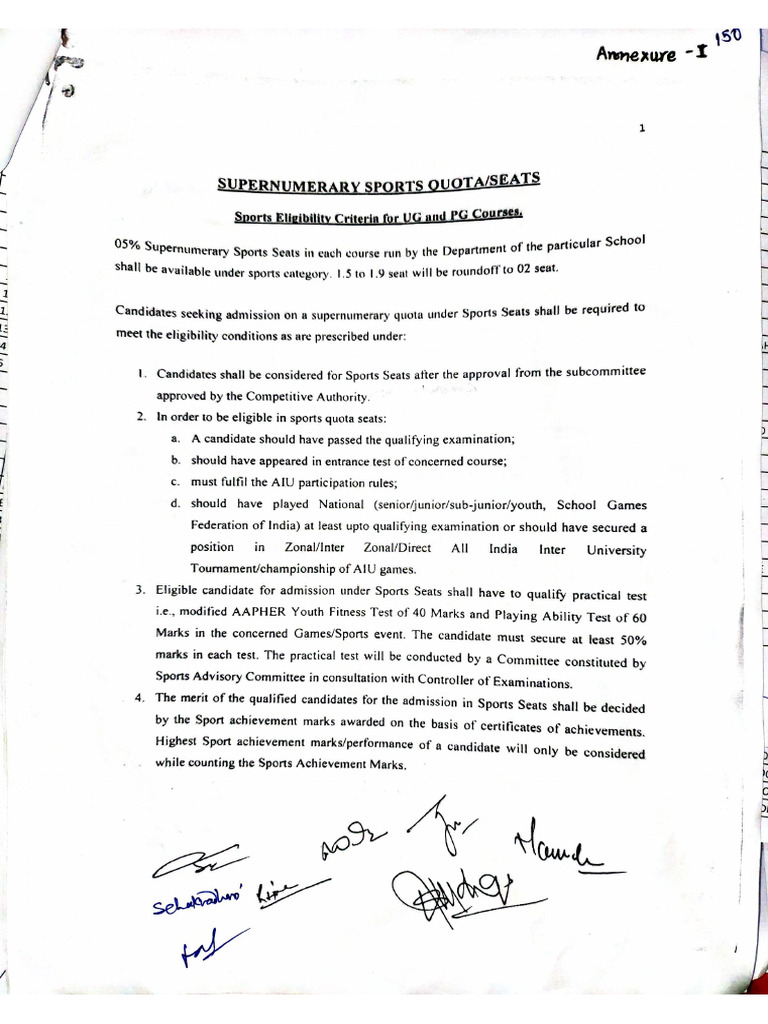 Eligibility Criteria For Sports Quota 2025-26 (Annexure - I) | PDF