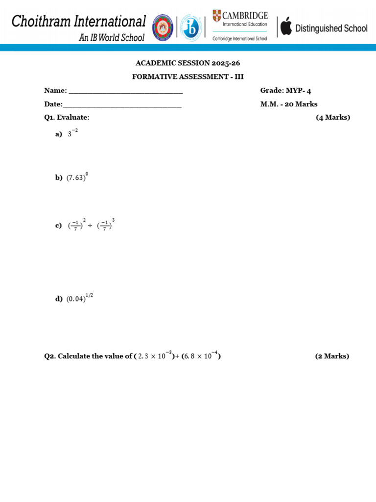 MYP 4 Formative Assessment III | PDF | Mathematics | Arithmetic