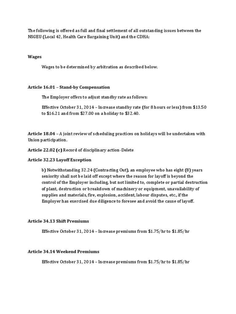 Tentative Agreement - NSGEU, Local 42 and CDHA | PDF