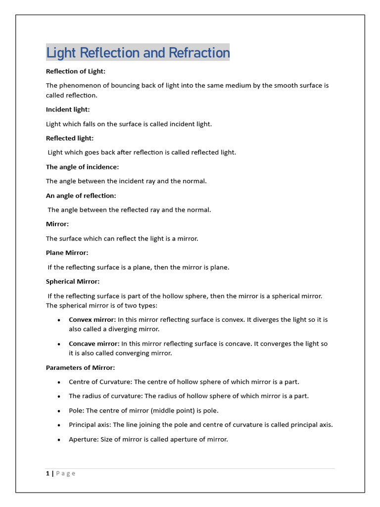 Light Reflection and Refraction | PDF | Optics | Applied And Interdisciplinary Physics