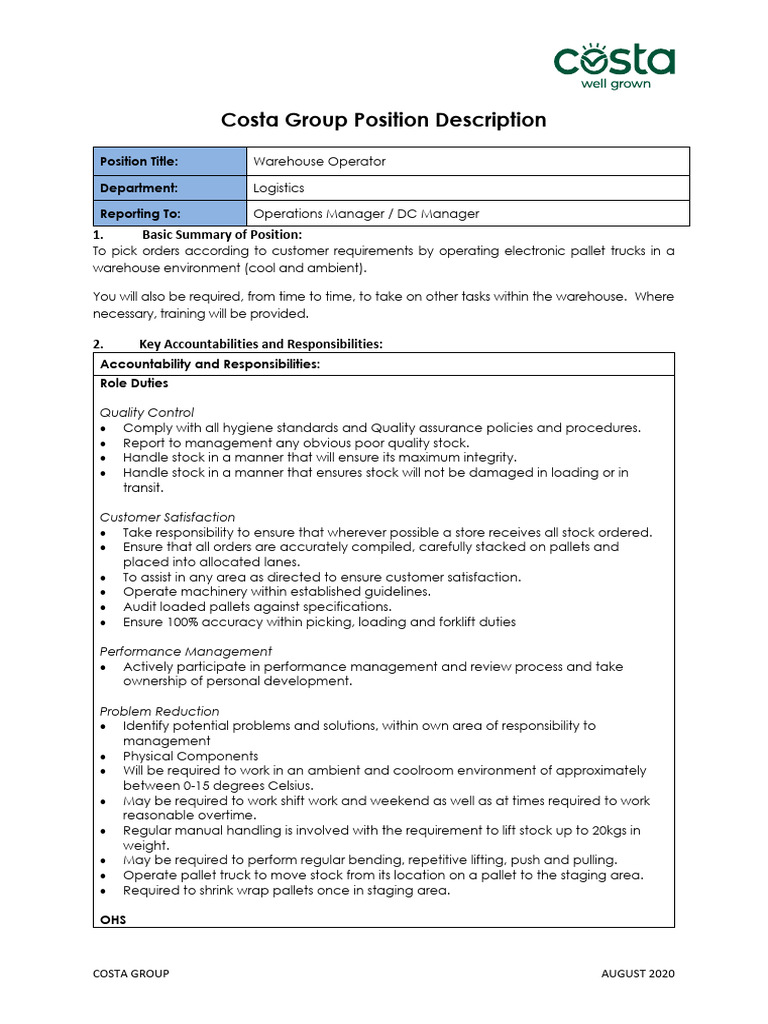 Costa Group Position Description: 1. Basic Summary of Position | PDF ...