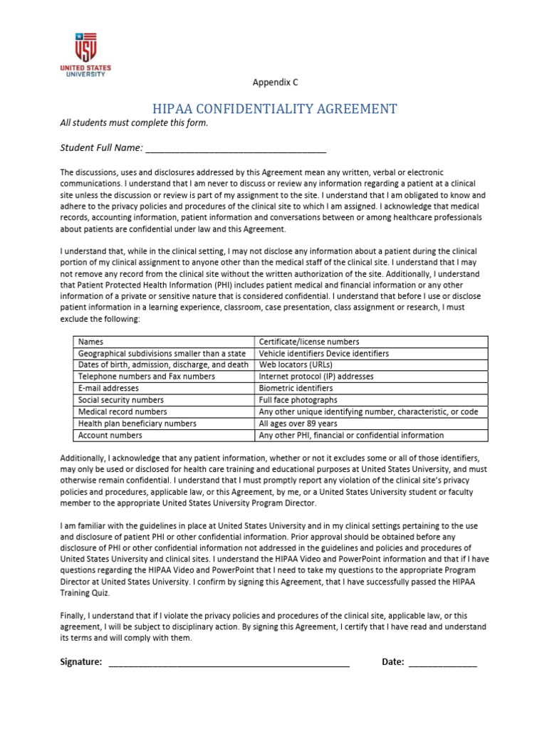 Appendix C HIPAA Confidentiality Agreement | PDF | Health Insurance ...